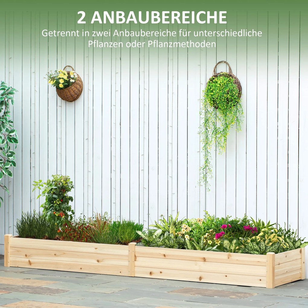 Outsunny Záhon, Zahradní Box s 2 Oblastmi pro Výsadbu, Zeleninový Záhon na Zeleninu a Bylinky do Zahrady, Terasy a Balkonu, Dřevo, Přírodní, 244 x 61…