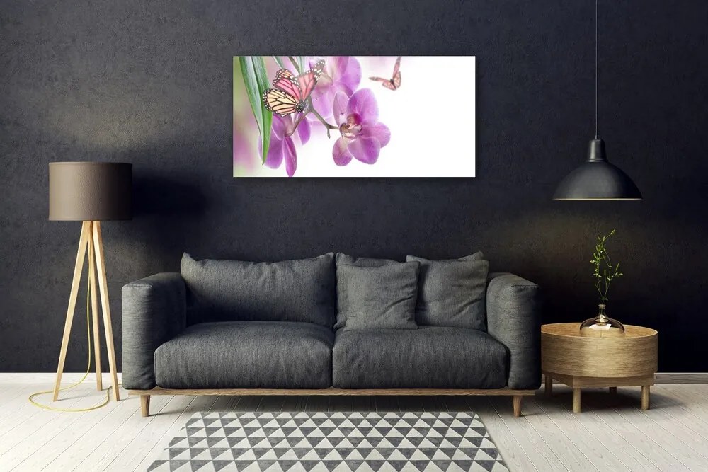 Obraz na skle Motýli Květiny Příroda 140x70 cm