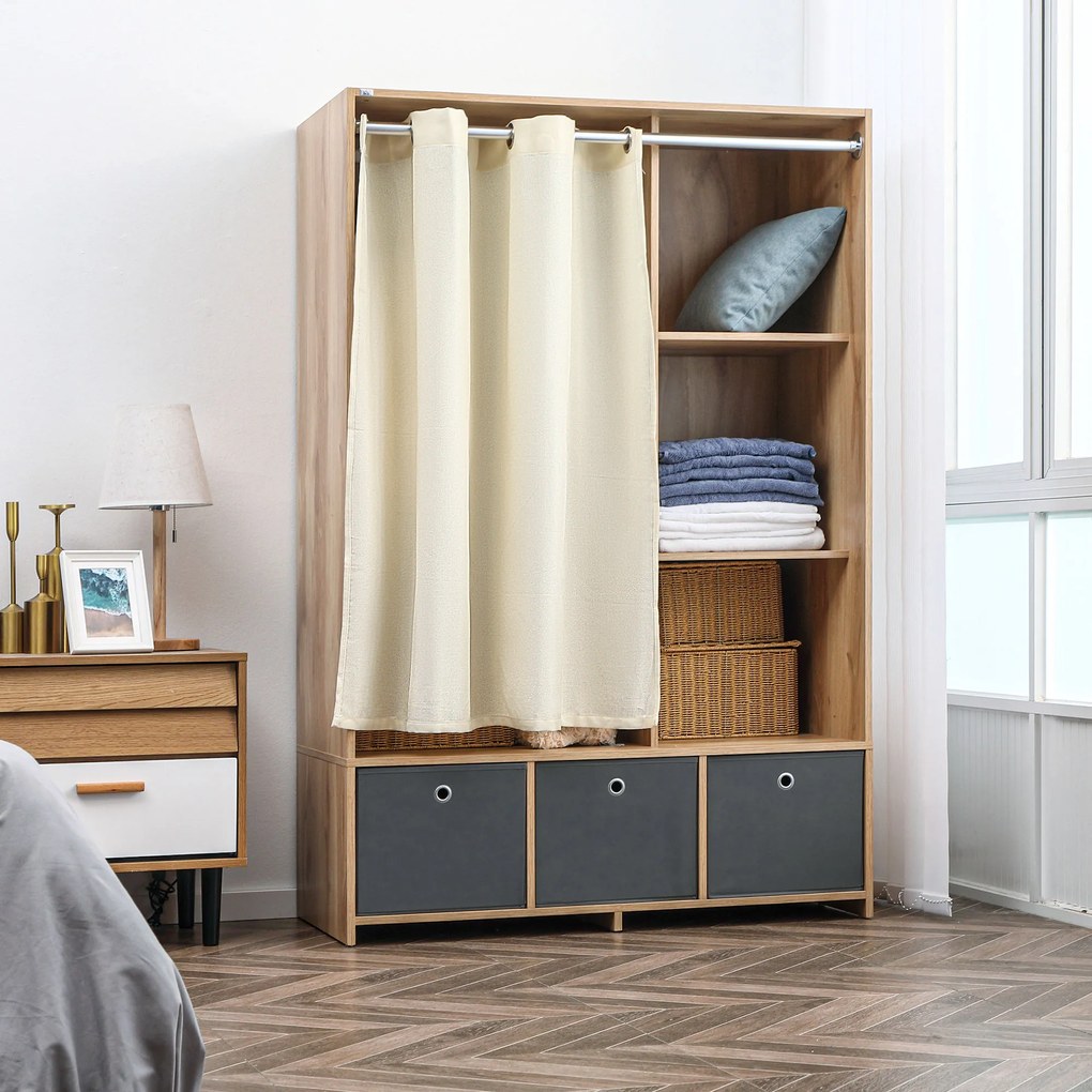 HOMCOM Skříň, šatna s závěsem, oblečení skříň, skříň s ramínkem, 3 oddíly a 3 vyjímatelné textilní zásuvky - 105 x 48 x 160 cm, přírodní dřevo