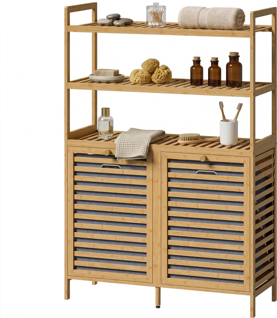 HOMCOM bambusová koupelnová skříňka s koši na prádlo – 3patrové úložiště, 80 × 30 × 118 cm, dub | Aosom