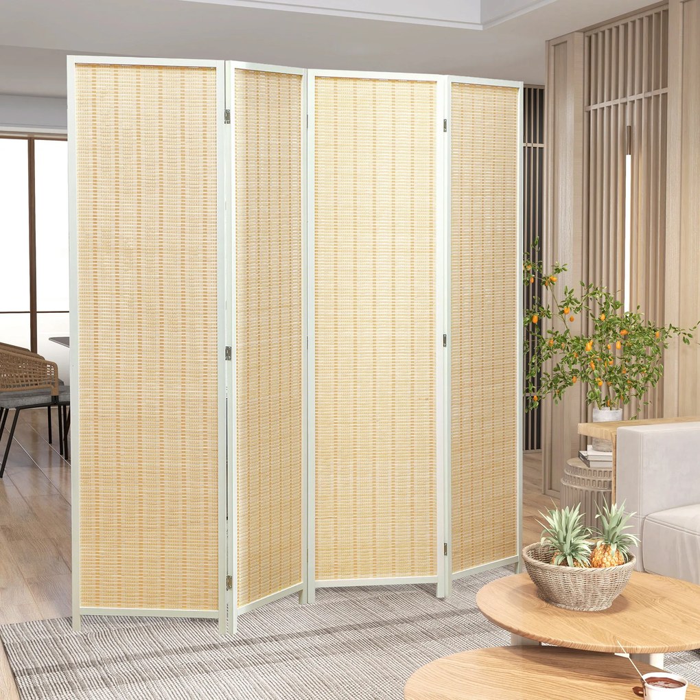 HOMCOM Skládací Oddělovač Místnosti 4 Panely 180x180 cm Ručně Tkaný z Bambusu a Bavlny Elegantní Dekorace do Obývacího Pokoj Bílá