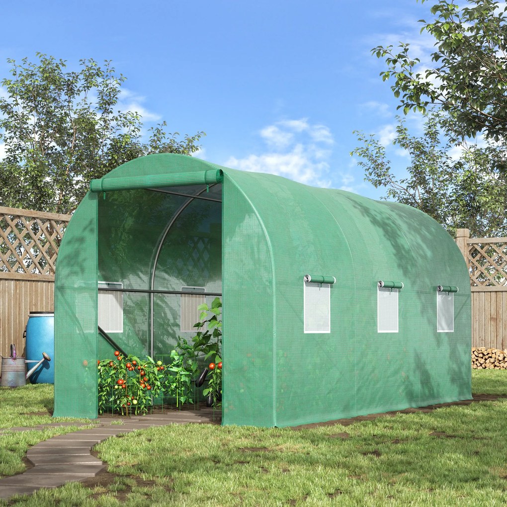 Zahradní skleník Outsunny 4x2x2 m - Tunelový skleník se 6 rolovacími okny a zipovým vchodem, proti UV záření, ideální pro terasu a zahradu
