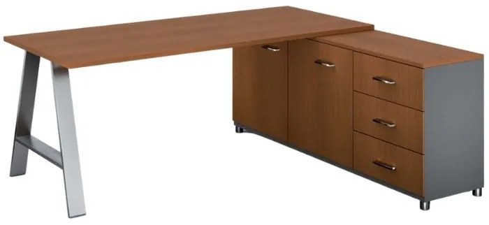 B2B Partner Rohový kancelářský psací stůl PRIMO STUDIO, skříňka vpravo, 1800 x 800 mm, šedá / třešeň