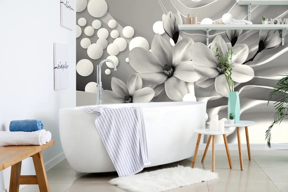 Tapeta černobílá magnolie na abstraktním pozadí - 150x270