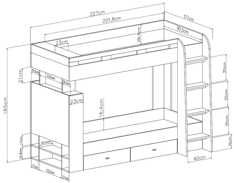 Dvoupatrová postel se zásuvkami Nano 90x200 cm, dub/grafit