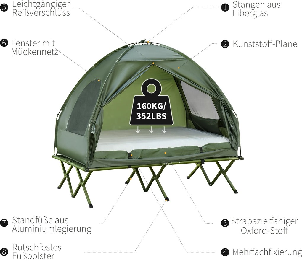 Campingzelt-Set für 2 Personen mit Feldbett und Luftmatratze Grün
