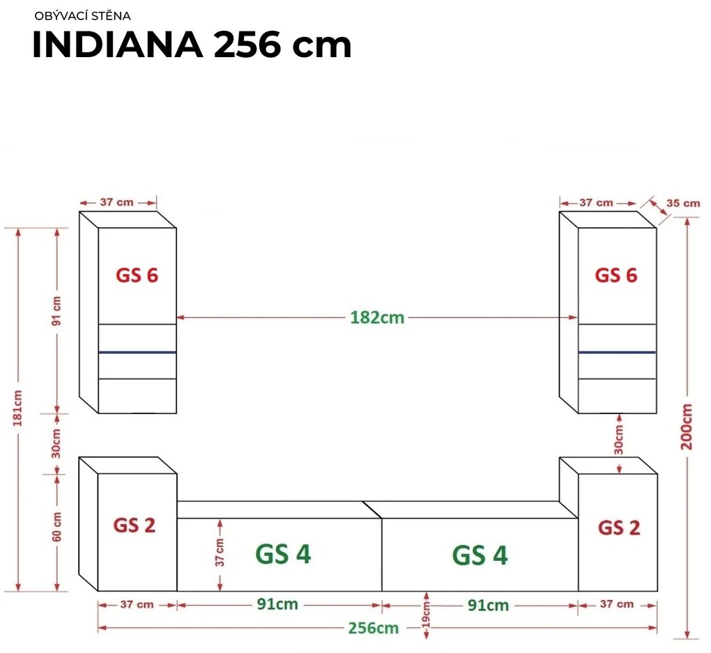 Ral Obývací stěna INDIANA 4, 256 cm - Bílý lesk