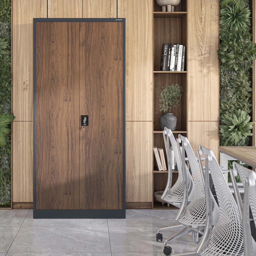 Vysoká kovová kancelářská skříň na dokumenty, antracit/ořech, 900x1950x400 mm: JAN H Eco Design