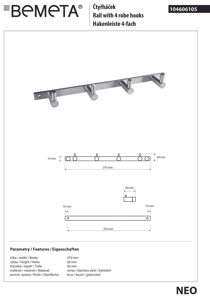 Bemeta Design NEO: Věšák, se 4 háčky - 104606105