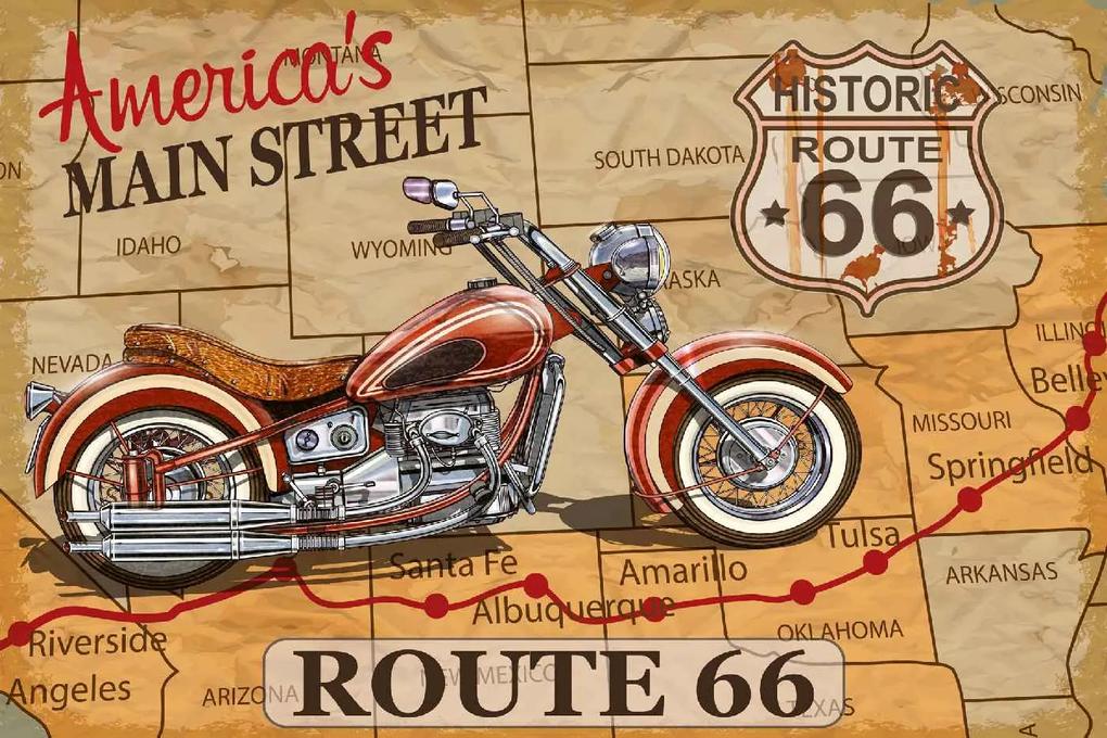 DIMEX | Vliesová fototapeta Plakát motocykl na Route 66 MS-5-2145 | 375 x 250 cm| červená, černá, hnědá