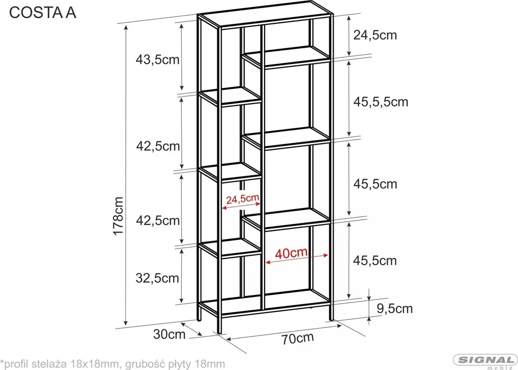 Regál Costa A 70 cm dub přírodní/černý