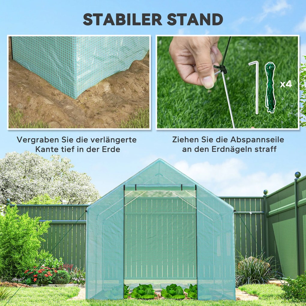 Fóliový skleník Outsunny 2x3x2m odolný proti větru s rolovacím oknem a UV ochranou, ideální pro rajčata, robustní ocelová konstrukce v zelené barvě |