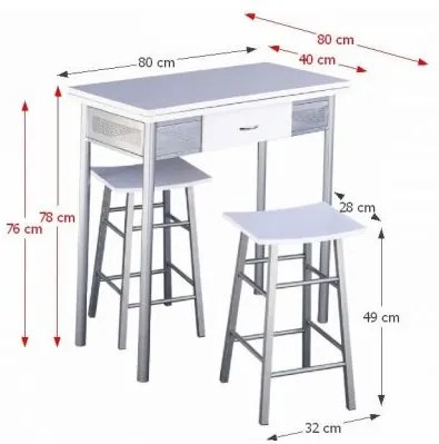 Barový set - stůl + 2 židle, stříbrná / bílá, HOMER