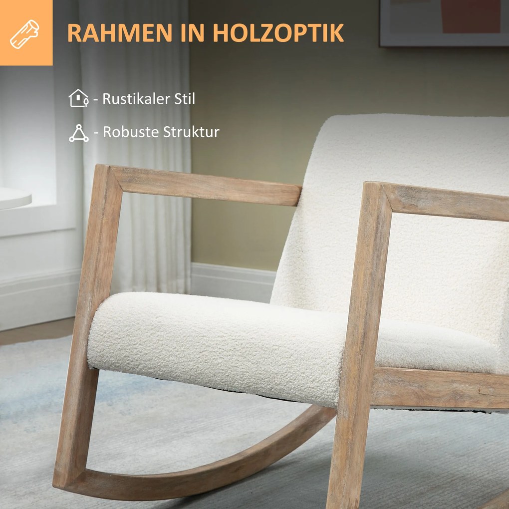 HOMCOM Houpací křeslo Relaxační křeslo s dřevěným rámem, čalouněné, lounge, kaučukovník, krémově bílé