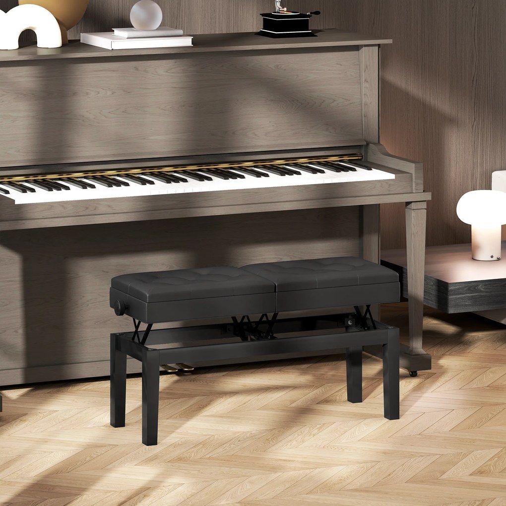 HOMCOM Nastavitelný hudební stolička s úložným prostorem, nosnost 220 kg, umělá kůže, černá, 105 x 37 x 48-58 cm