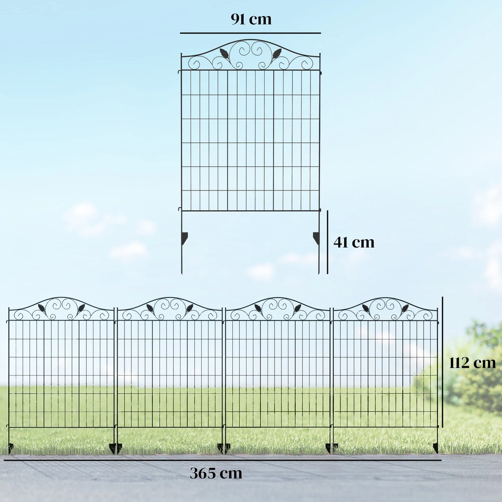 Outsunny zahradní plot sada 4 ks Dekorativní kovový plot, 365x112cm, pro balkon a zahradu, černý| Aosom