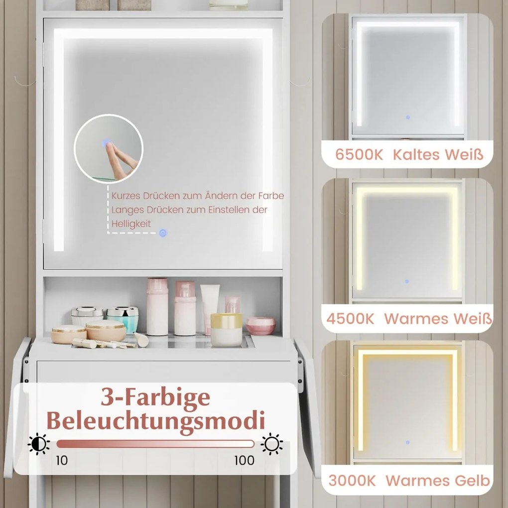 Costway Toaletní stolek s 3 barevné LED zrcadlo a taburet a zásuvky set úzký
