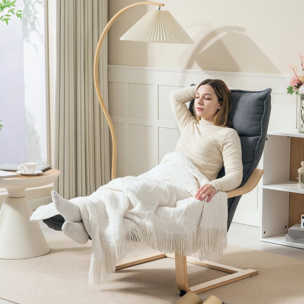HOMCOM Tmavě šedé dřevěné relaxační křeslo s sametovým potahem, nastavitelný opěrka na nohy, moderní design pro obývací pokoj a lounge
