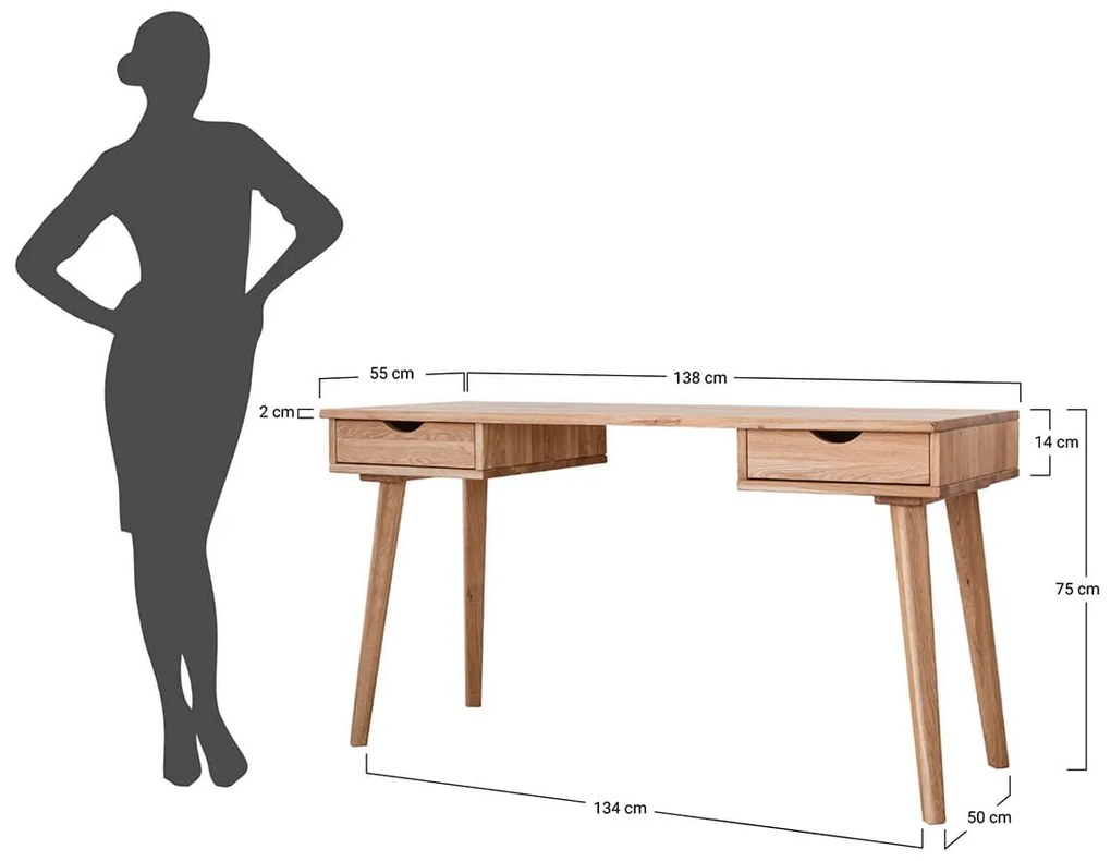 KATMANDU Rustikální psací stůl 2x zásuvka, Simone dub, 55x75x137,5 cm