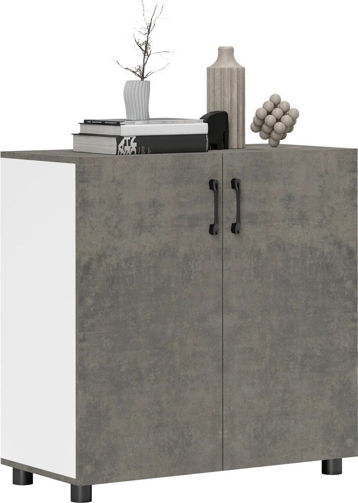 HOMCOM 2-dvéřový bufetový stůl se systémem tichého zavírání a policí pro kuchyň, ložnici nebo předsíň 80x37x80 cm šedý cement a vysoký lesk bílá | Aos