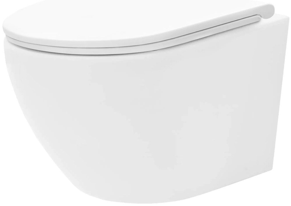 Rea Carlo Mini, závěsná záchodová mísa Tornado Rimless 485x365x350 mm + WC sedátko, bílá lesklá, REA-C8770