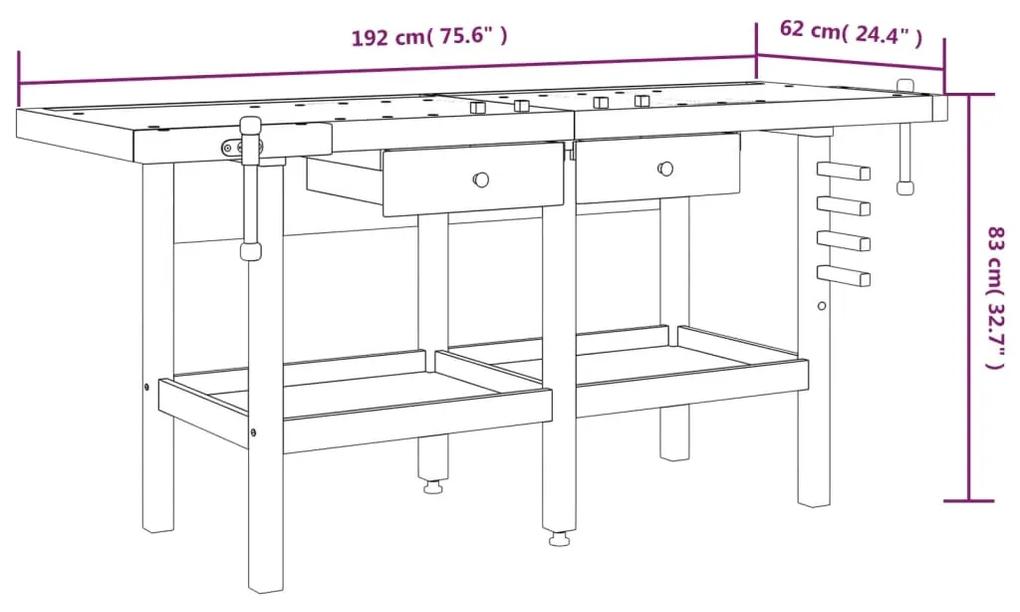 Pracovní stůl se zásuvkami a svěráky 192x62x83cm masivní akácie,  153325