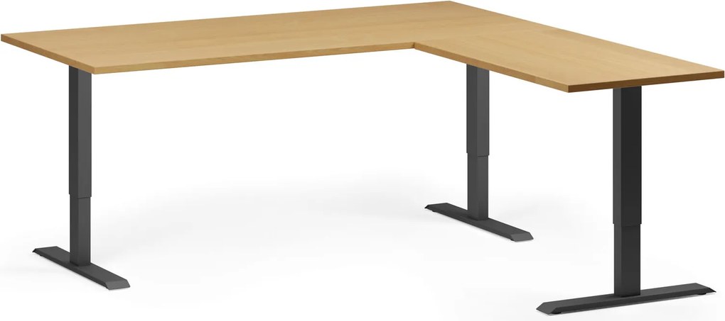 Rohový výškově nastavitelný stůl, 180x180 cm, 3 motory, L/P, černá podnož, buk