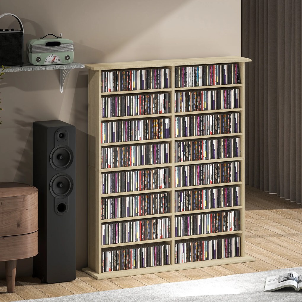 HOMCOM Úložný box na CD a DVD, multifunkční jednotka s 16 přihrádkami a 12 nastavitelnými policemi, max. kapacita 720 CD/396 DVD a Blu-ray, 106,5 x 2…