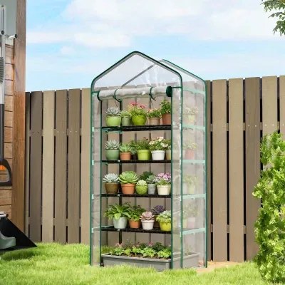 Outsunny PVC skleník s 5 policemi, balkonový skleník, ocelový rám, dveře na zip, 90x49x193 cm, průhledný