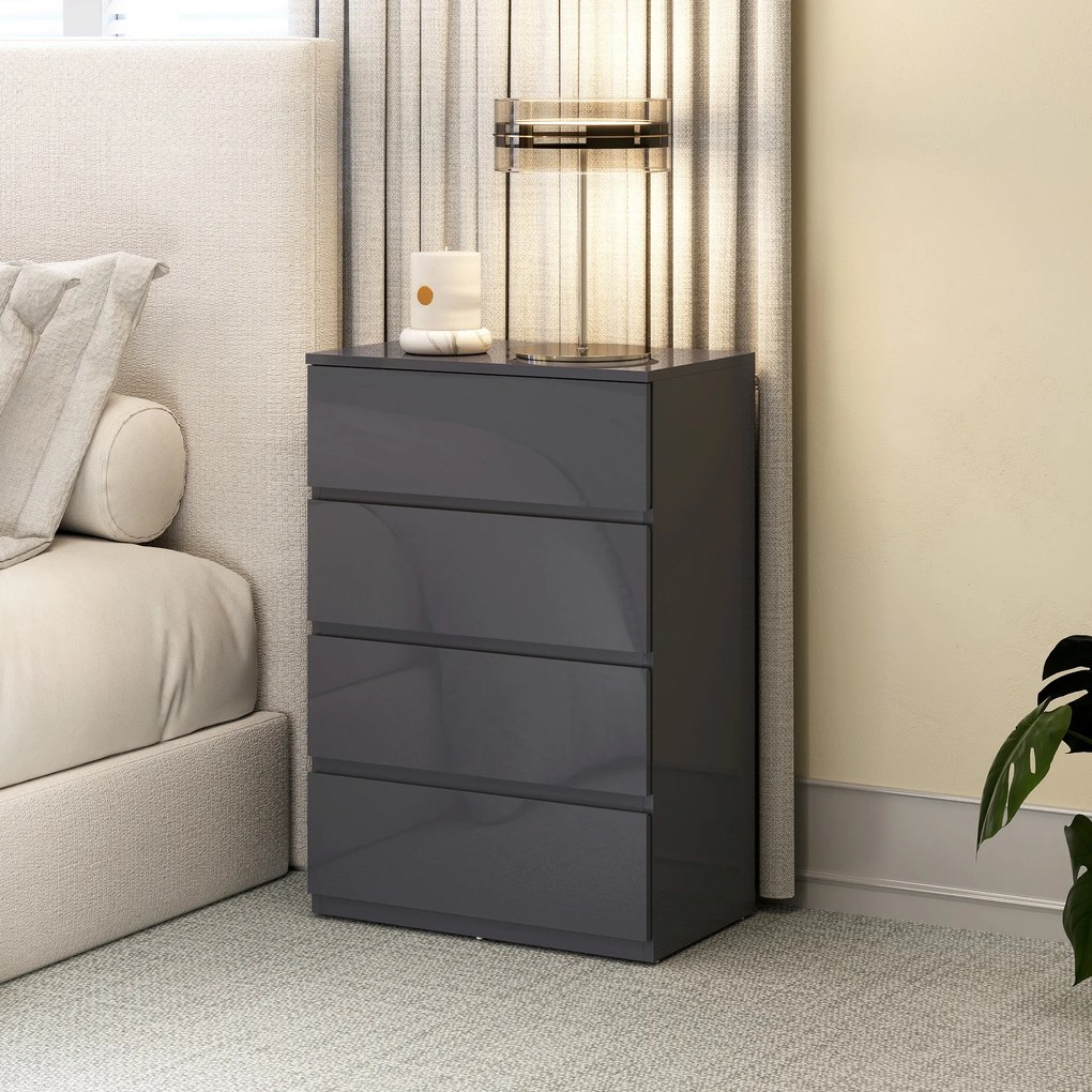 HOMCOM komoda se 4 zásuvkami, vysoce lesklý úložný nábytek, soft-close, 55 x 34 x 80 cm, šedá