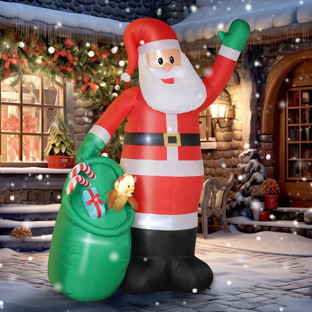 Outsunny Nafukovací Santa Claus, 275 cm, s pytlem a medvědem, vánoční dekorace s integrovanými LED světly