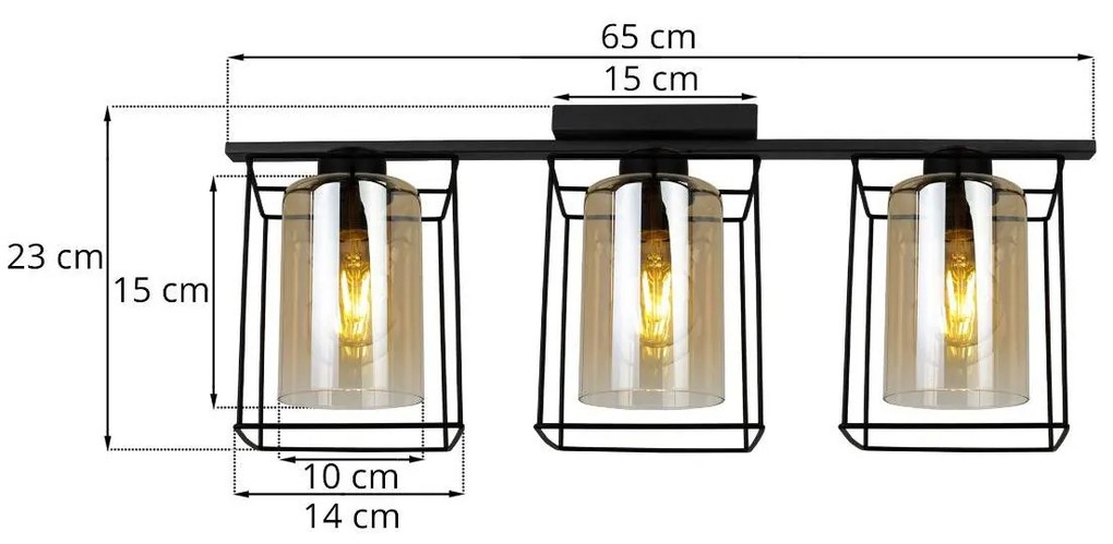 Stropní svítidlo Hella Cage, 3x medové skleněné stínítko v kovovém rámu
