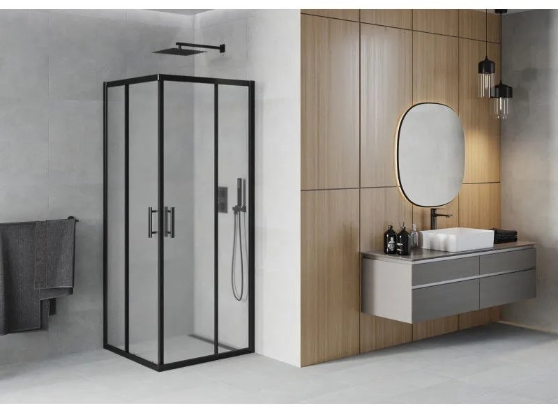 Mexen Rio, čtvercový sprchový kout 80(dveře)x80(dveře)x190 cm, 5mm sklo námraza, černý profil, 860-080-080-70-30