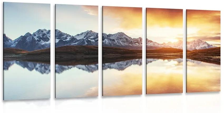 5-dílný obraz oslnivý západ slunce nad horským jezerem Varianta: 200x100