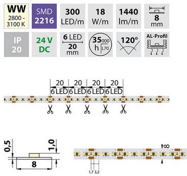LED pásek McLED 24V teplá bílá š=8mm IP20 18W/m 300LED/m SMD2216 ML-126.736.60.1