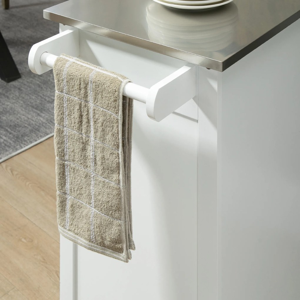 HOMCOM Bílý Kitchen Island Trolley z MDF a nerezové oceli s kolečky, víceúložný, 1 zásuvka, skříňka s 2 dveřmi a držákem na utěrku
