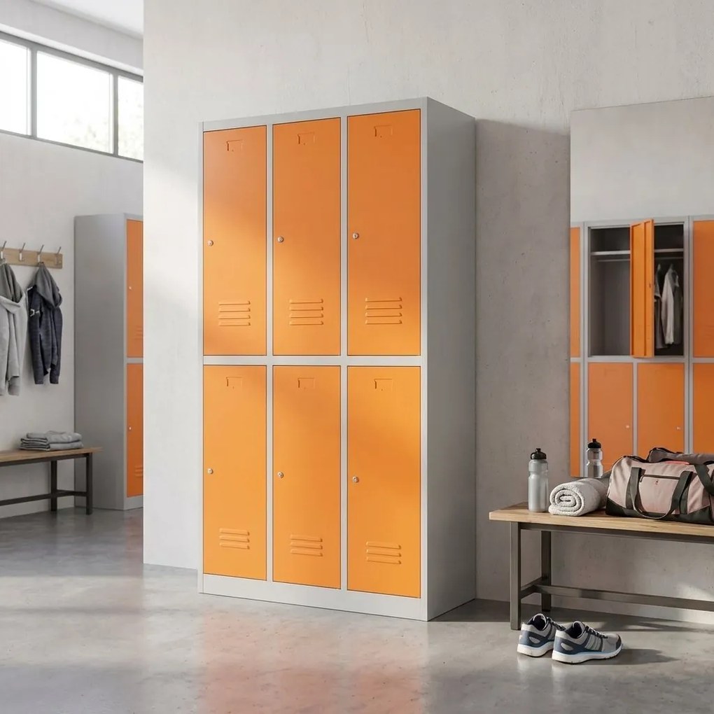Kovová šatní skříňka - 6 boxů, 90 x 45 x 185 cm, cylindrický zámek, oranžová - ral 2004