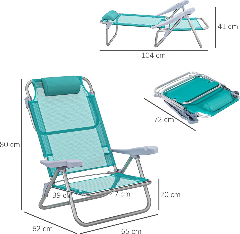 sada 2 skládacích kempingových židlí Kempingová židle s 6-směrně nastavitelným síťovaným opěradlem Opěrka hlavy 62 x 65 x 80 cm Tyrkysová