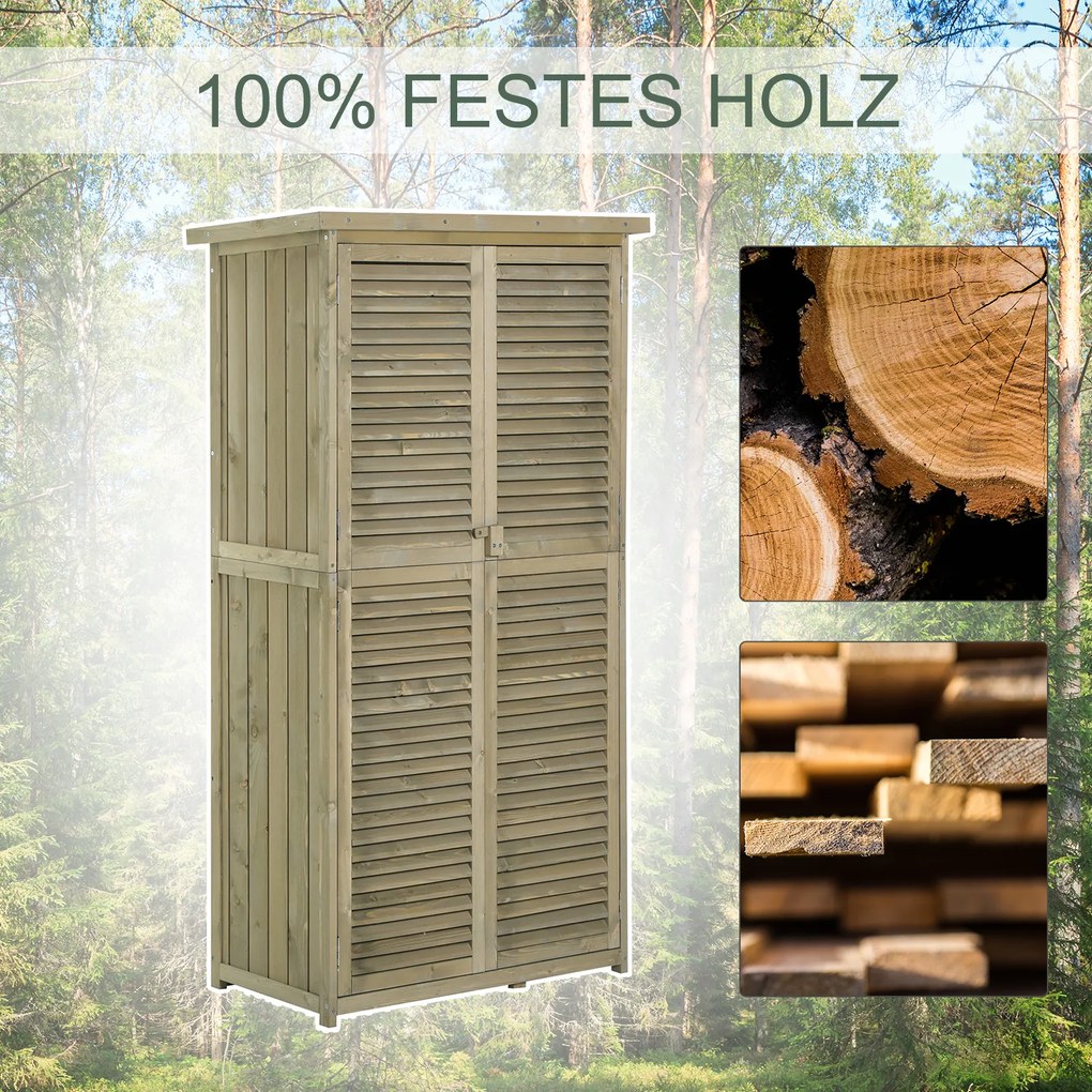 Outsunny přístřešek na nářadí Zahradní přístřešek na nářadí Dřevo s asfaltovou střechou Lamelové dveře 4 přihrádky Šedá 87 x 46,5 x 160 cm
