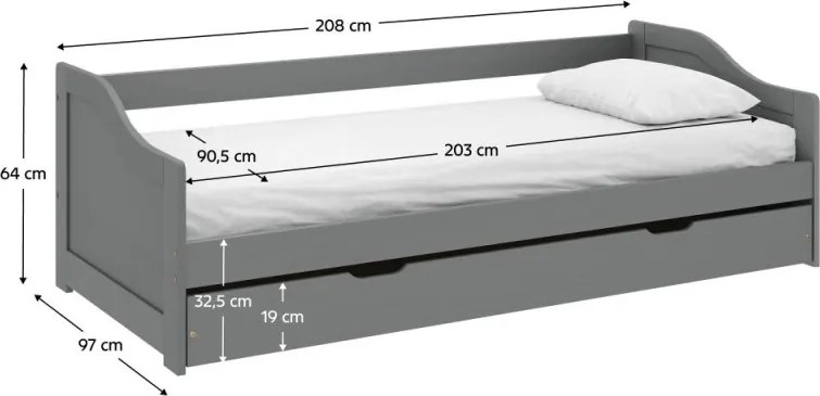 Postel s výsuvnou přistýlkou, 90x200, šedá, masiv, LAURA NEW Kondela 0000357992