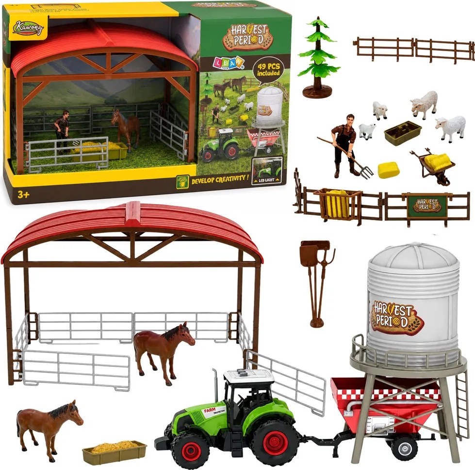 LEAN Toys Sada „Farma“ s traktorem, stájí, silem, figurkami zvířat a nářadím, 49 dílů
