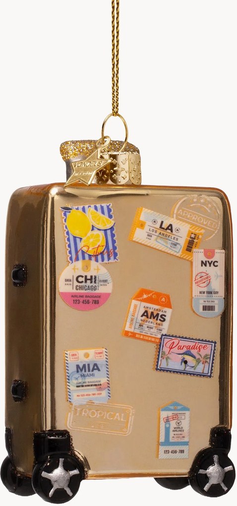 Ručně foukaná vánoční ozdoba Gold Suitcase