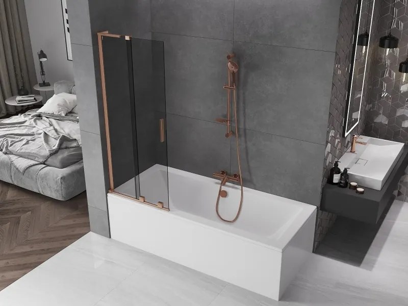 Mexen Velar L, 2-křídlová posuvná vanová zástěna 70 x 150 cm, 8mm šedé sklo, měděná matná, 896-070-003-41-65