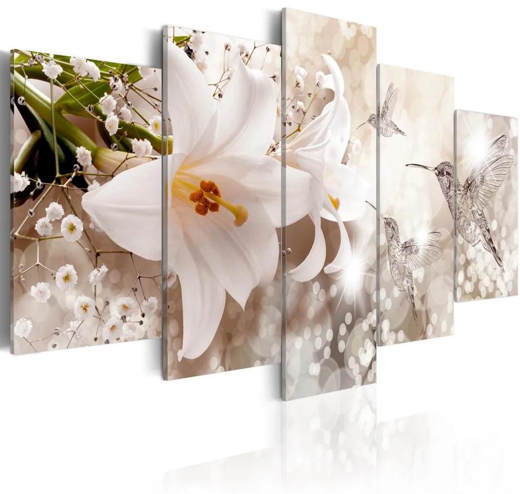 Pětidílný obraz lilie s kolibříky + háčky a hřebíčky ZDARMA Velikost (šířka x výška): 200x100 cm