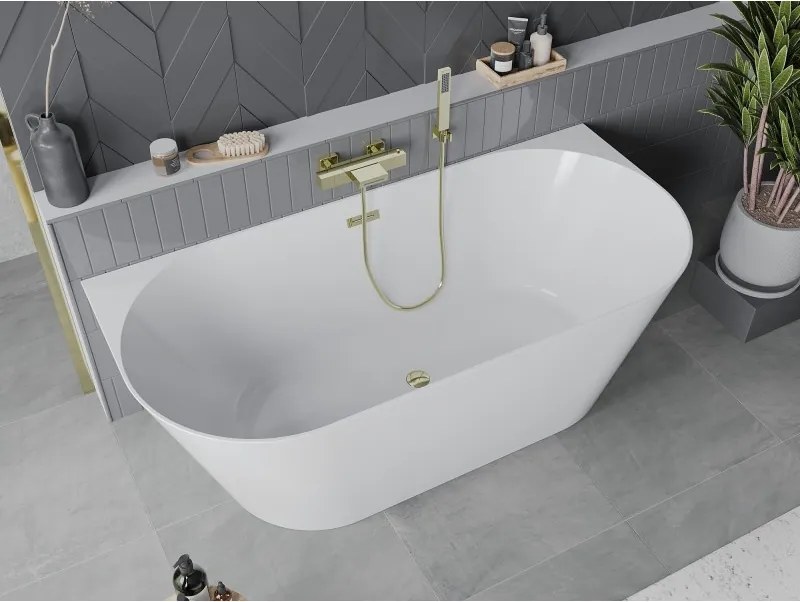 Mexen Oval Slim, volně stojící vana ke stěně 170 x 80 cm, bílá lesklá, zlatý lesklý přepad, 52661708000-50