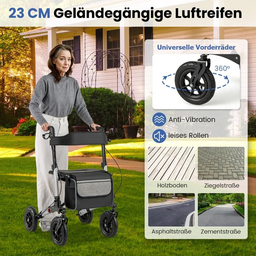 Costway Rollator s pneumatikami, skládací a lehký s hliníkovým – stříbro