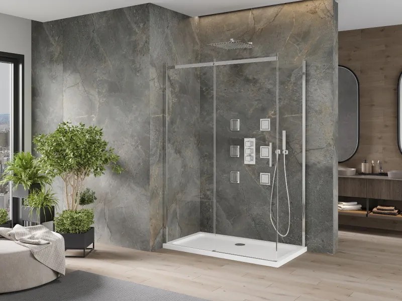 Mexen Omega posuvný sprchový kout 140 x 80 cm, 6mm sklo, chromový profil-čiré sklo + slim sprchová vanička 5cm, 825-140-080-01-00-4010