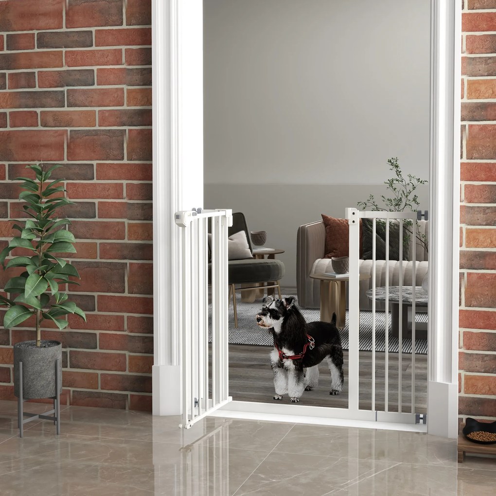 PawHut Zabezpečovací Zábrana Na Schody s 14 cm Expanzí Bez Vrtání pro Šířky 74-94 cm, Dvojitě Otevíratelná Zábrana, Bílá