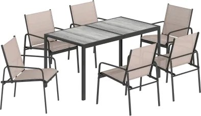 Outsunny sada stolu a židlí do zahrady s deskou stolu se vzhledem dřeva a 6 prodyšnými židlemi pro terasu, patio, khaki