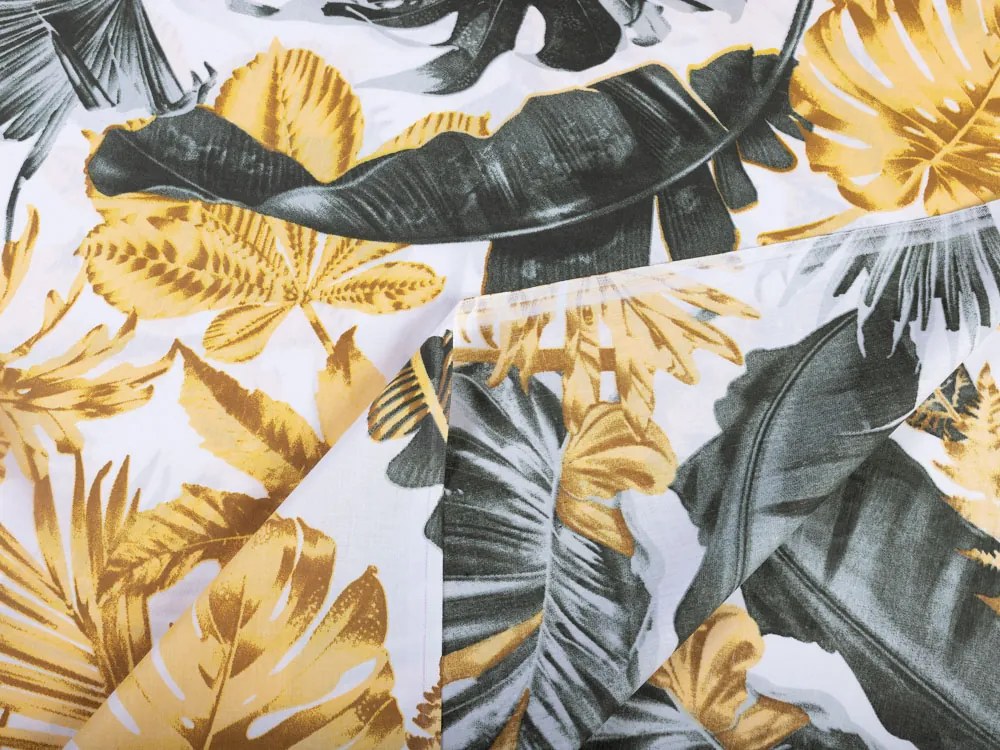 Biante Bavlněný závěs Sandra SA-388 Šedozelené a zlaté tropické listy na bílém 150x180 cm